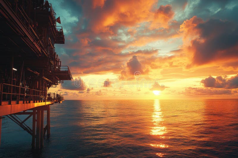 Oil Rig Sunset Ocean stock photo. Image of platform - 376723826