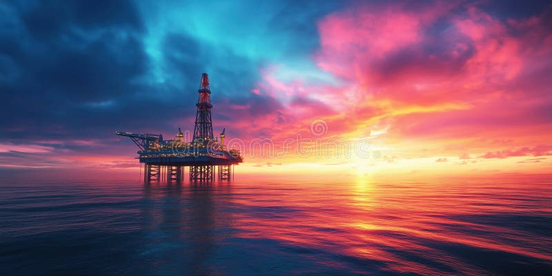 Oil Rig Sunset Over Calm Ocean Waters Dramatic Sky Colors Stock Photos ...