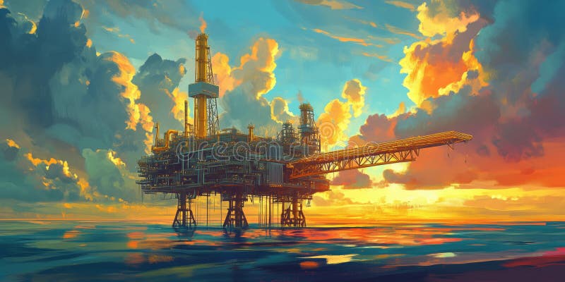 Oil Rig Sunset Vibrant Clouds Ocean Reflections Stock Photos - Free ...