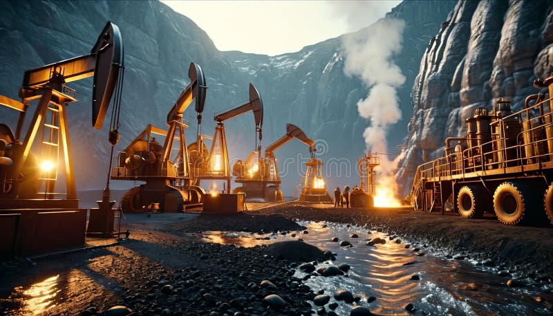 Oil Rig Operates Efficiently in Open Field on Sunset. Worker Oversees ...