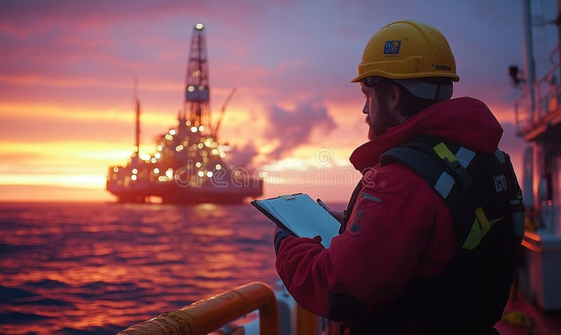 Oil Rig Worker Observing Sunset while Taking Notes on Offshore Drilling ...
