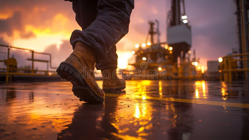 Oil Rig Worker Walking on Wet Deck at Sunset Stock Image - Image of ...