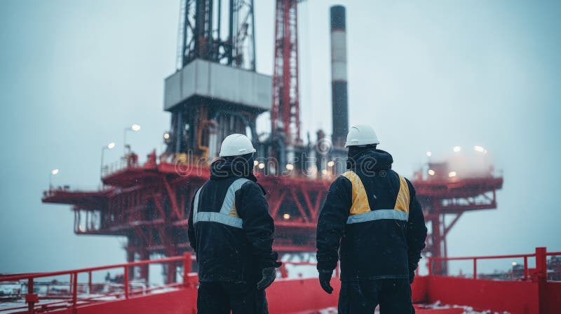 Oil Rig Workers in Protective Gear Overseeing Offshore Platform ...