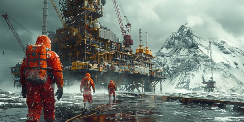 Oil Rig Workers in a Snowy Landscape. Created by Generative Artificial ...