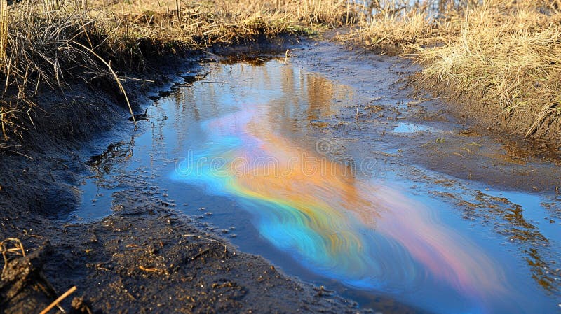 Oil Slick Rainbow Reflection on Muddy Puddle in Nature Stock Image ...