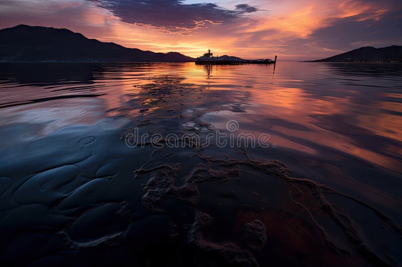 Oil Slick in the Water and Against a Serene Sunset Backdrop Stock Photo ...
