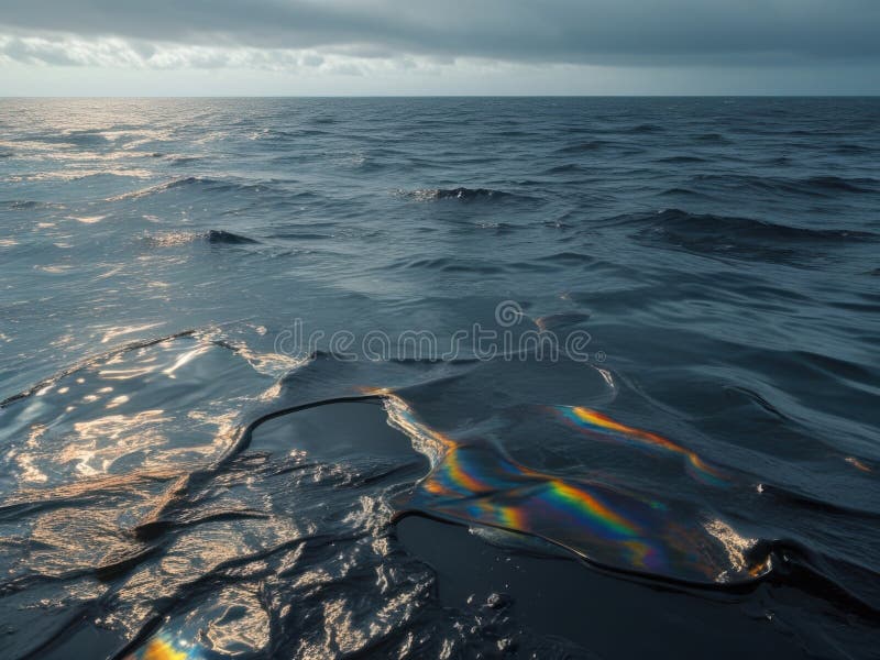 Oil Spill on the Open Sea with Iridescent Patterns Under a Cloudy Sky ...