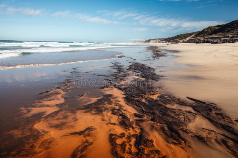 Oil Spill on a Serene and Beautiful Beach, with the Waves Rolling in ...