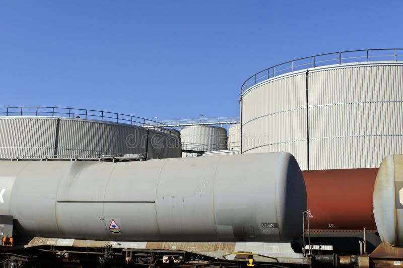 Oil Storage Tanks with Train Wagons Stock Photo - Image of petrol ...