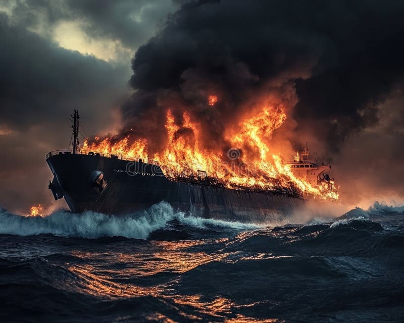 Oil Tanker Fire, Burning Ship, Disaster Stock Illustration ...
