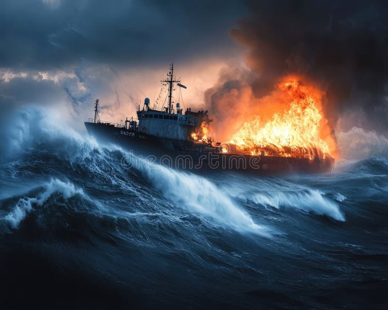 Oil Tanker Fire, Burning Ship, Disaster Stock Illustration ...