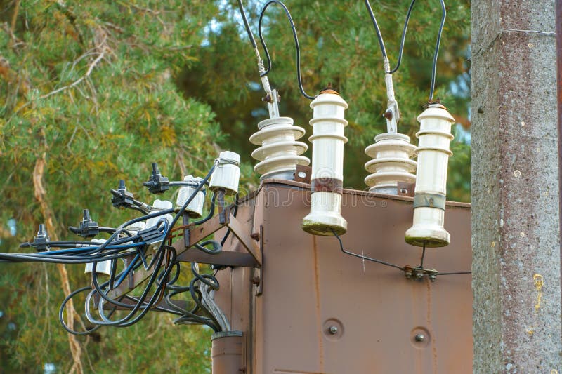An Oil Transformer and Power Lines in the Forest. the Support of an ...