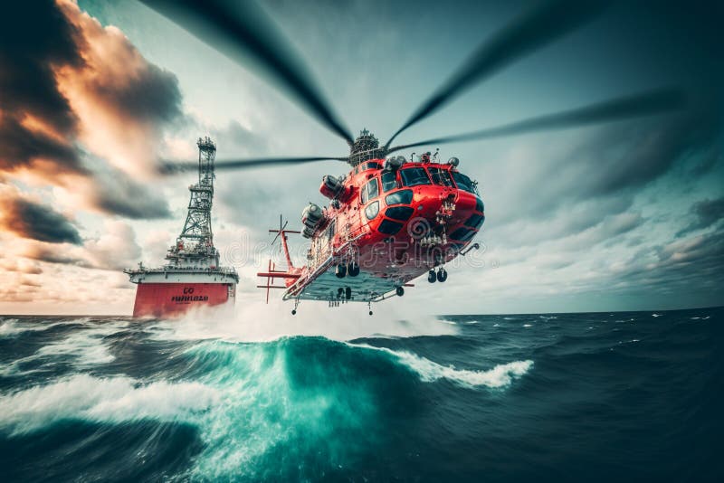 Offshore Oil Rig with Helicopter Stock Photo - Image of crane ...