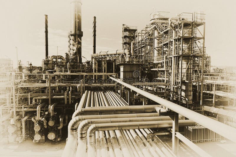 Oil Refinery in Old Vintage Processing Stock Image - Image of ...