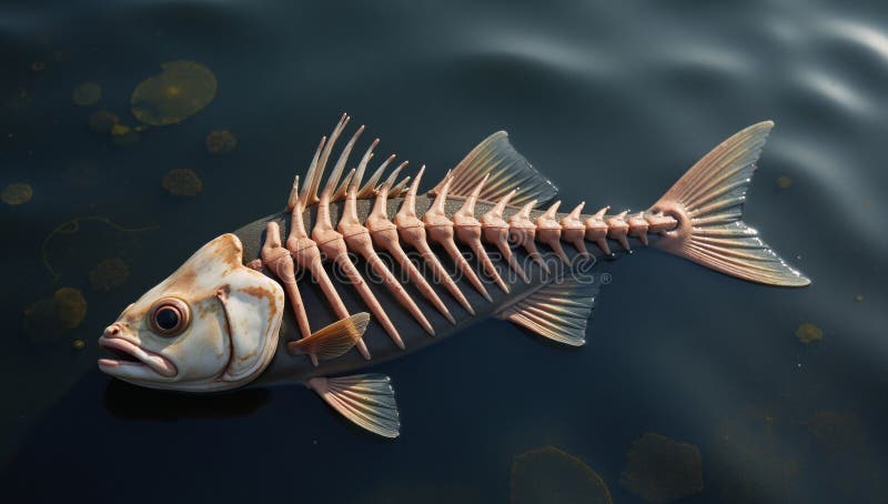 An Oilcovered Fish Skeleton Floating within Polluted Waters Stock ...
