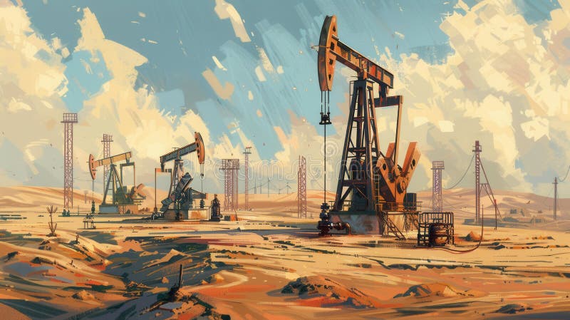 The Oilfield Features Multiple Drilling Derricks Actively Producing ...