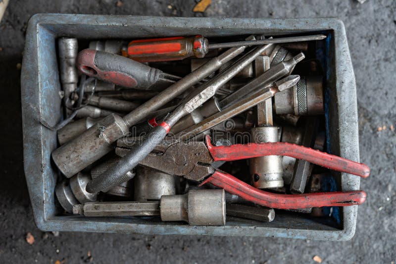 Oily and Dirty Hardware Tools in Box Stock Photo - Image of hardware ...