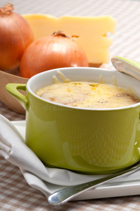 Oinion Soup with Melted Cheese and Bread on Top Stock Photo - Image of ...