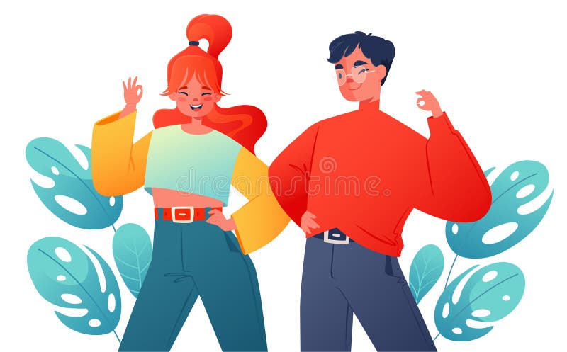 Happy Male and Female Characters Showing OK Symbol, Body Language Stock ...
