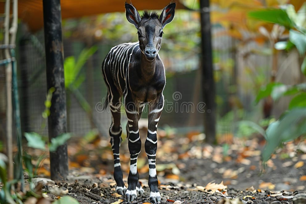 Okapi with Black and White Stripes on Its Legs, Standing Under Canopy ...