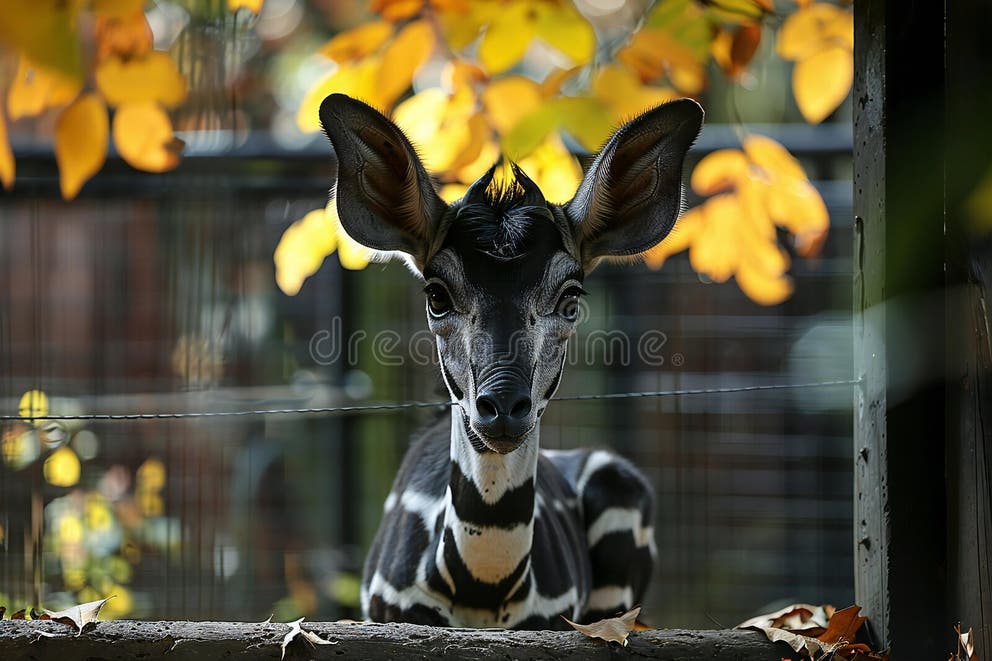 Okapi with Black and White Stripes on Its Legs, Standing Under Canopy ...