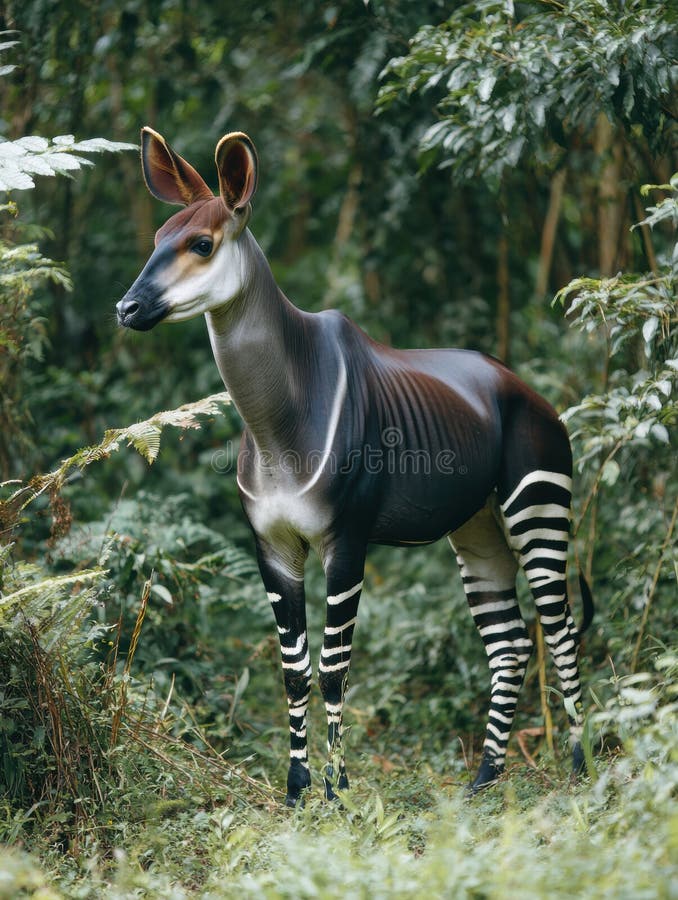 Okapi Stands Gracefully in Lush Rainforest, Showcasing Unique Zebra ...