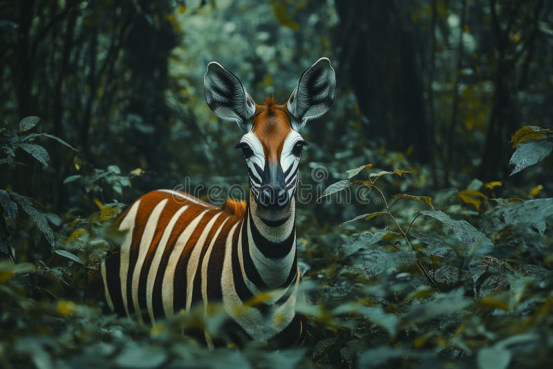 Okapi with Distinctive Stripes and Coloring Standing in a Dense, Green ...