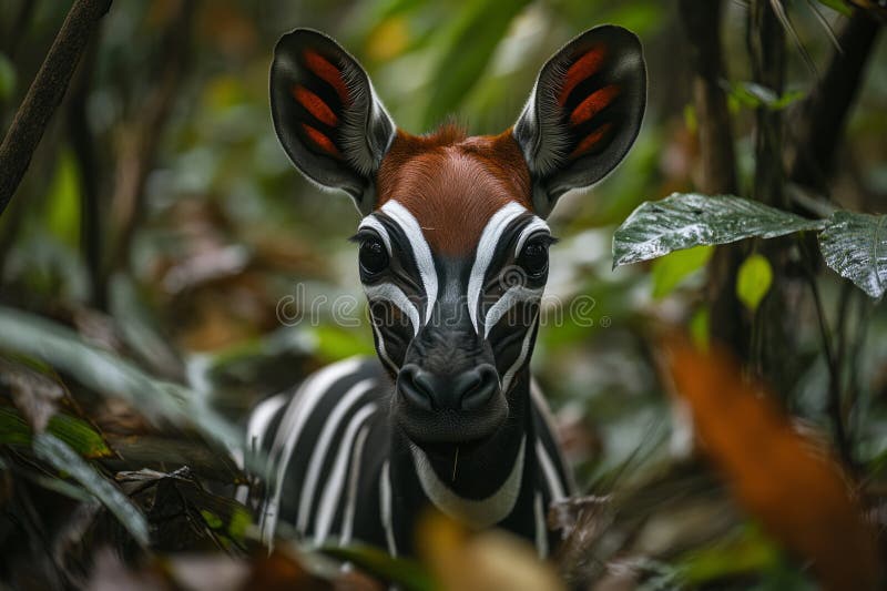 Okapi Hiding in the Jungle Foliage, Looking at the Observer Stock Photo ...