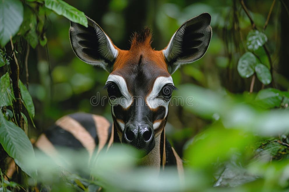 Okapi Looking at Camera and Partially Hidden by Jungle Vegetation ...