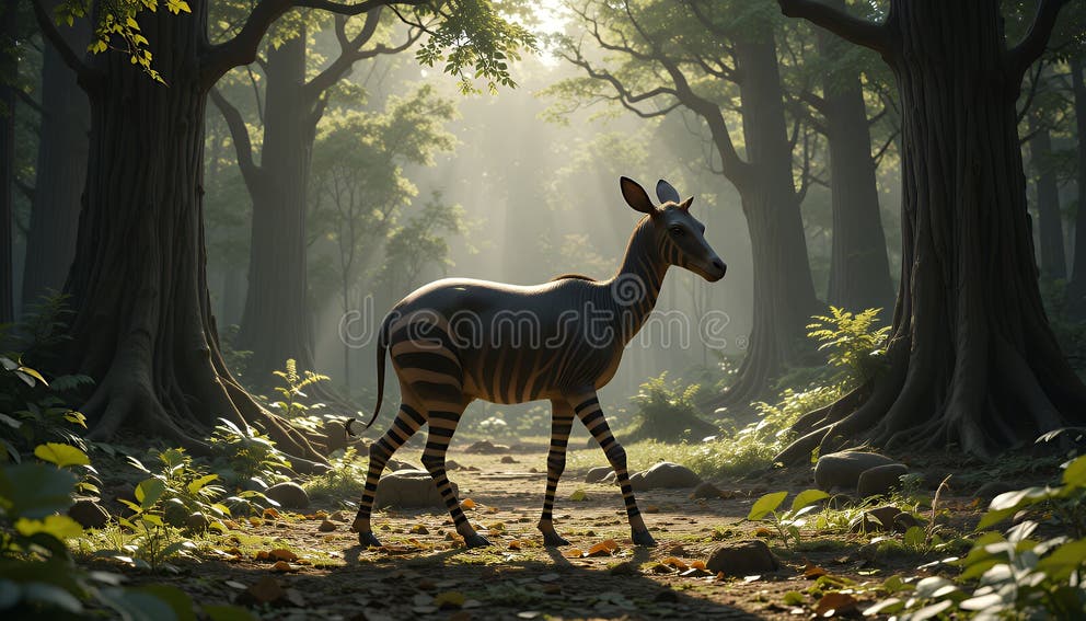 Okapi in Lush Sunlight Dappled Forest Path: Digital 3D Render of a ...