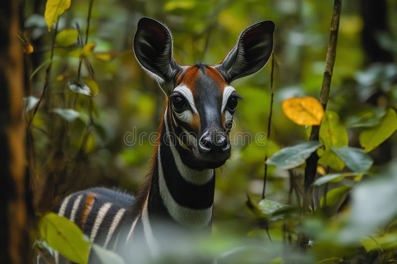 Okapi Partially Hidden by the Vegetation of the Tropical Forest Looking ...