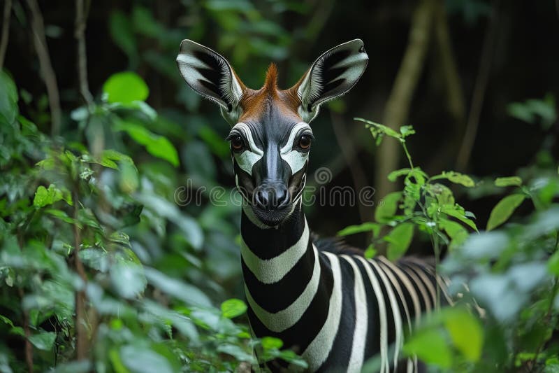 Okapi Standing among Green Leaves in Its Natural Habitat, a Tropical ...