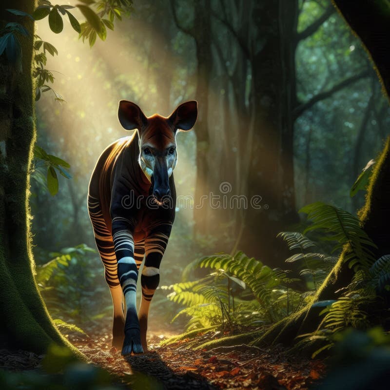 Okapi Walking through the Misty Jungle Stock Illustration ...