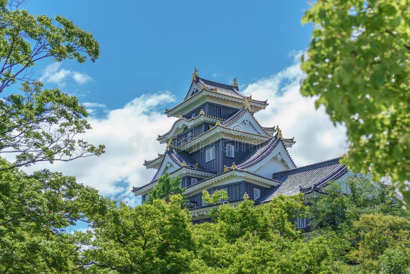 Okayama Castle Behind Trees, Japan. Side View Stock Photo - Image of ...