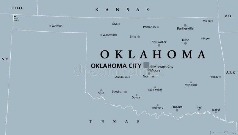 Oklahoma, OK, Gray Political Map, US State, Nicknamed Native America ...