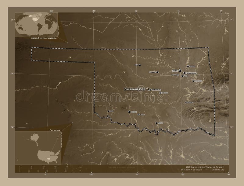 Oklahoma, United States of America. Sepia. Labelled Points of Ci Stock ... Oklahoma, United States of America. Sepia. Labelled Points of Ci Stock ...