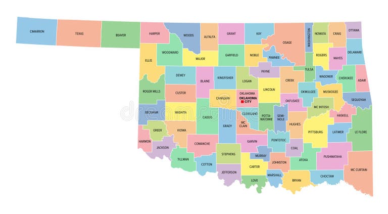 Oklahoma, U.S. State, Subdivided into 77 Counties, Multi Colored Map ...