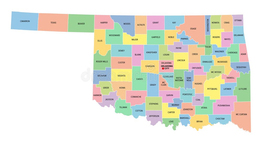 Oklahoma, U.S. State, Subdivided into 77 Counties, Multi Colored Map ...