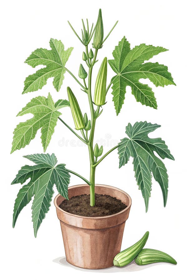 Okra Plant in a Pot with Developing Green Pods Stock Illustration ...