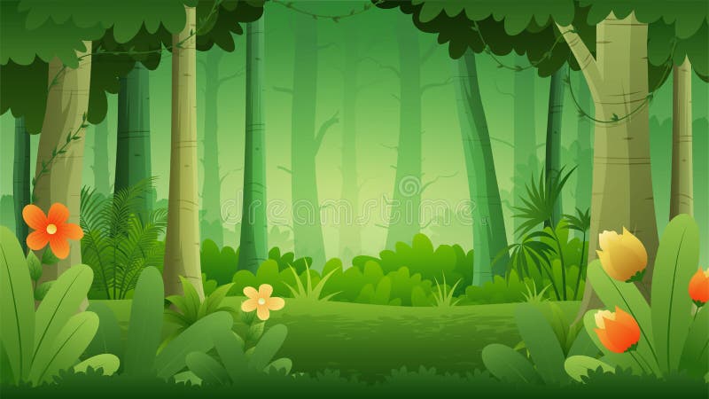 Summer Deep Forest Cartoon Landscape with Trees,bush and Flowers ...