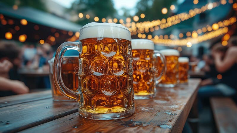 Oktoberfest, Munich. Beer Mugs on Table, People Drinking Beer Stock ...