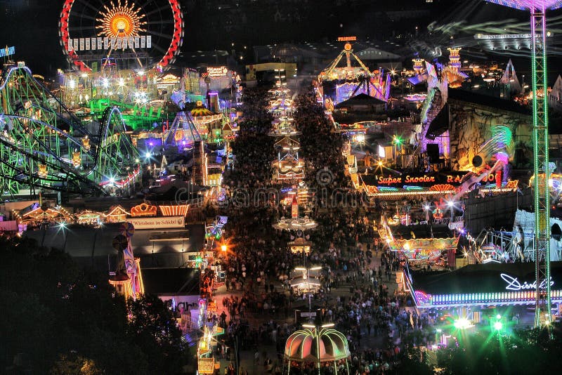Oktoberfest rides at night editorial stock image. Image of vendors ...