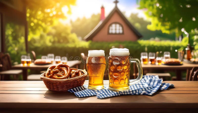 Oktoberfest Table Setting with Blurred Beer Garden - Cozy Tabletop ...