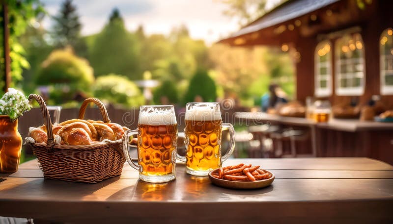 Oktoberfest Table Setting with Blurred Beer Garden - Cozy Tabletop ...