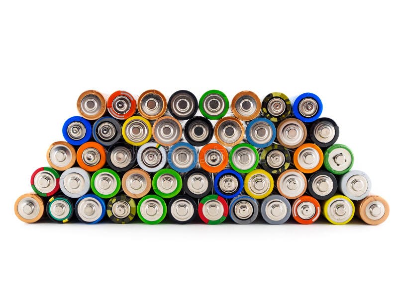 Old AA Batteries of Different Colors are Stacked in a Pyramid ...