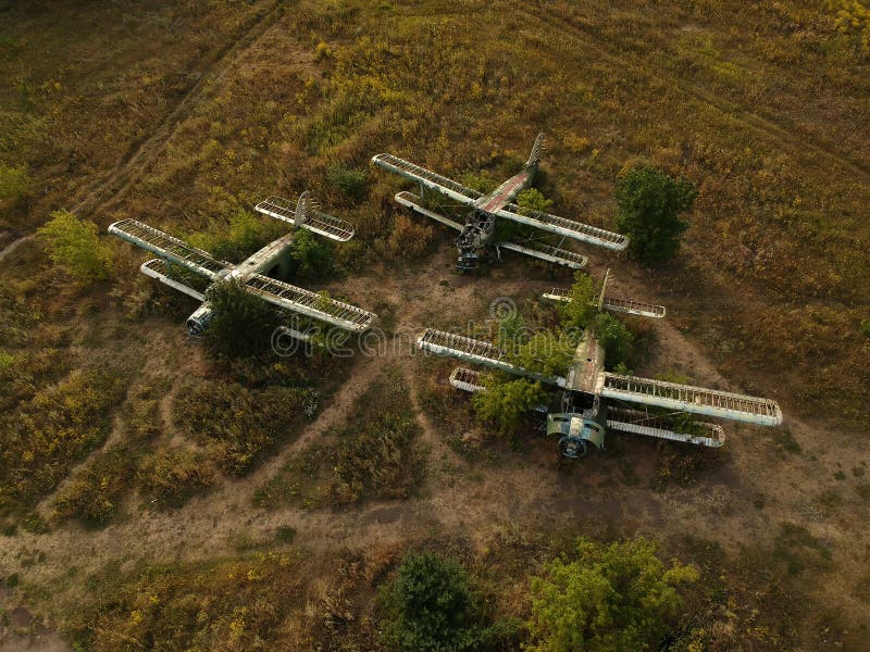 Old Abandoned Airfield with Abandoned Planes. Aerial View Stock Image ...