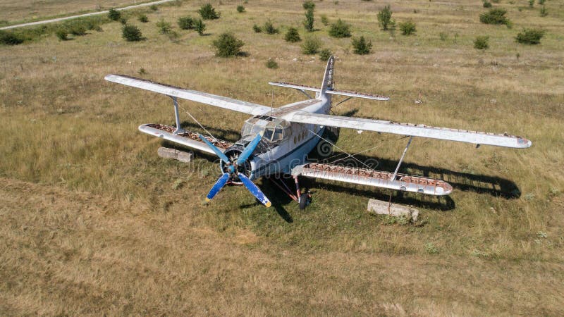Old Abandoned Airplane on the Field. Top View Stock Image - Image of ...