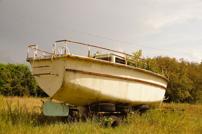 Old Abandoned Boat. the Deck is Covered with Vegetation Stock Image ...