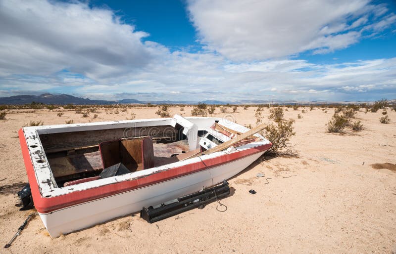 A Broken, Discarded Boat In The Desert Stock Image - Image of away ...
