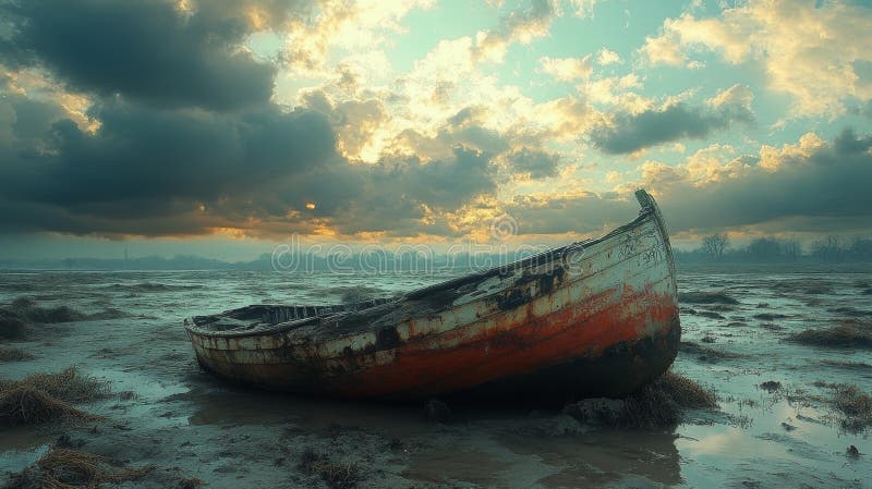 Old Abandoned Boat in Mud Generative AI Stock Illustration ...
